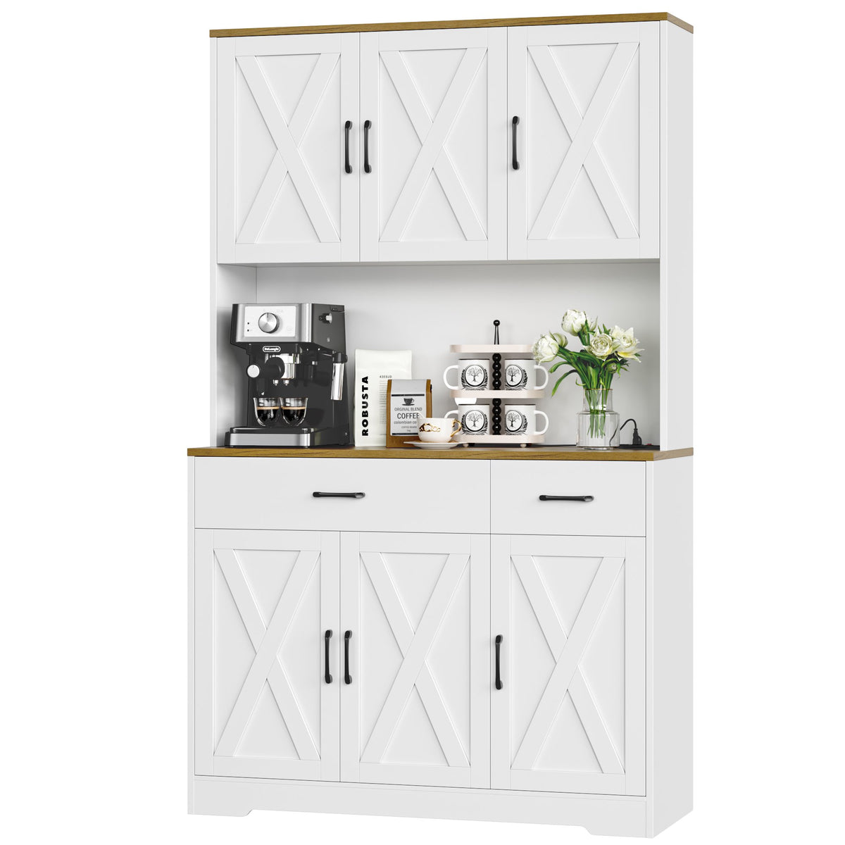 Homfa Kitchen Pantry with Charging Station, Freestanding Kitchen Cupbo ...