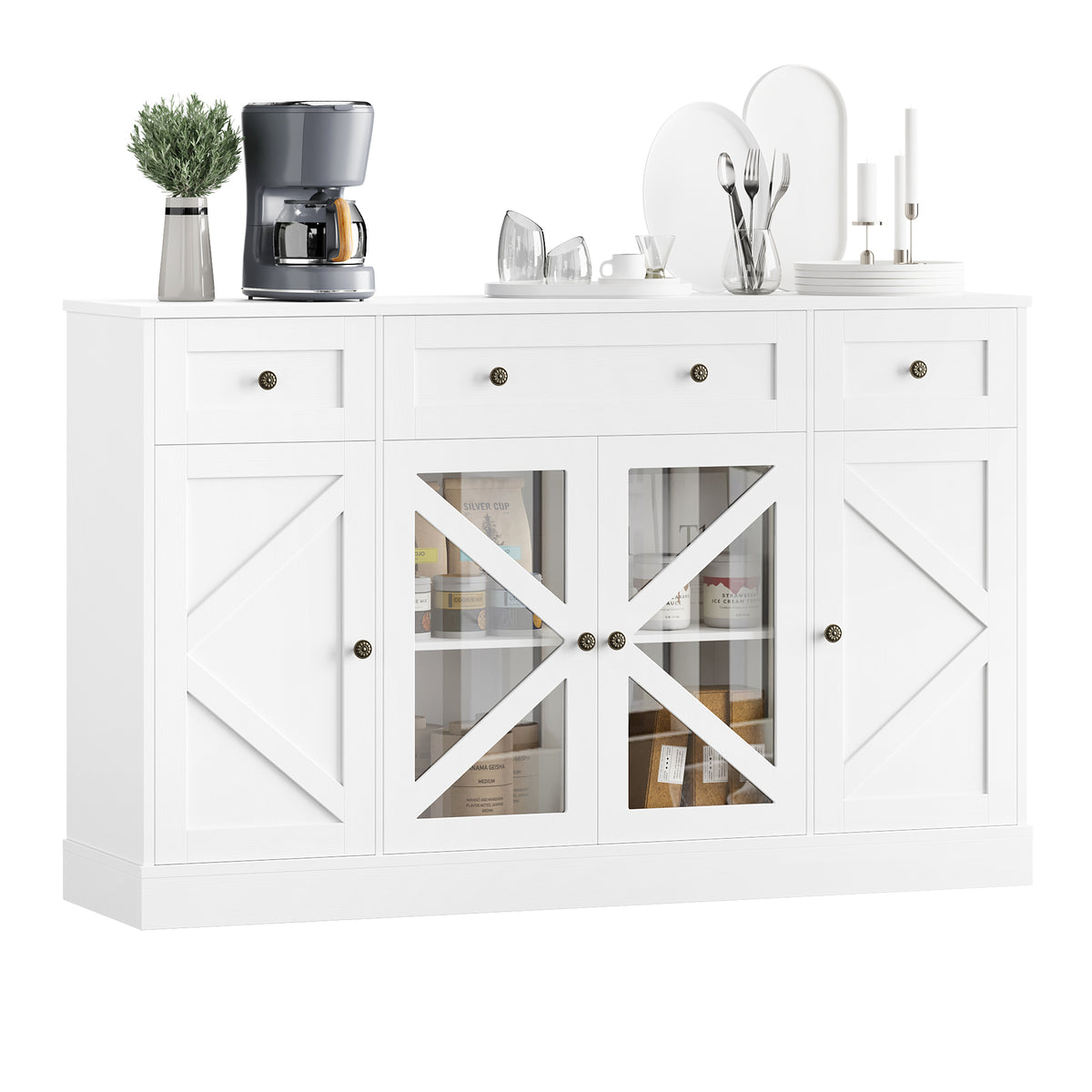 Homfa 55.1”W Farmhouse Kitchen Sideboard with Glass Doors, Modern 3 Dr ...