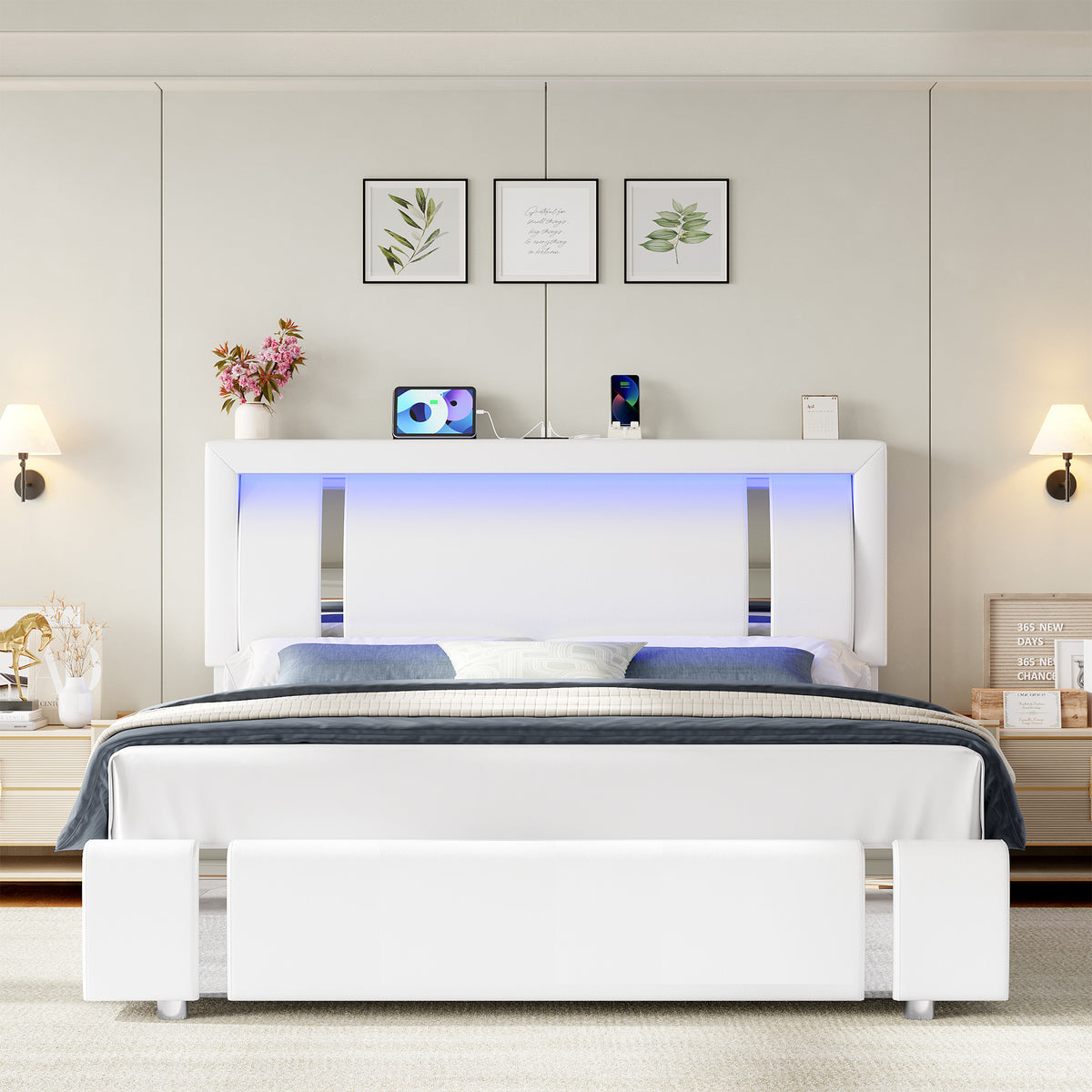Homfa Queen Bed Frame with LED Headboard & Charge Station & 2 Storage ...