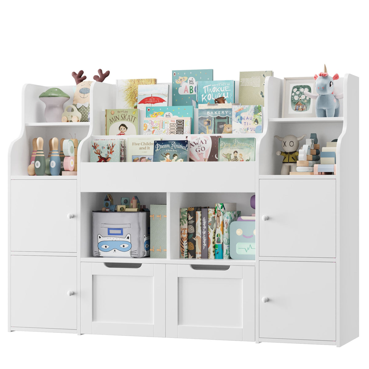 Homfa 4 Doors Kids Bookcase with 3 Tier Book Racks & 2 Mobile Drawers ...
