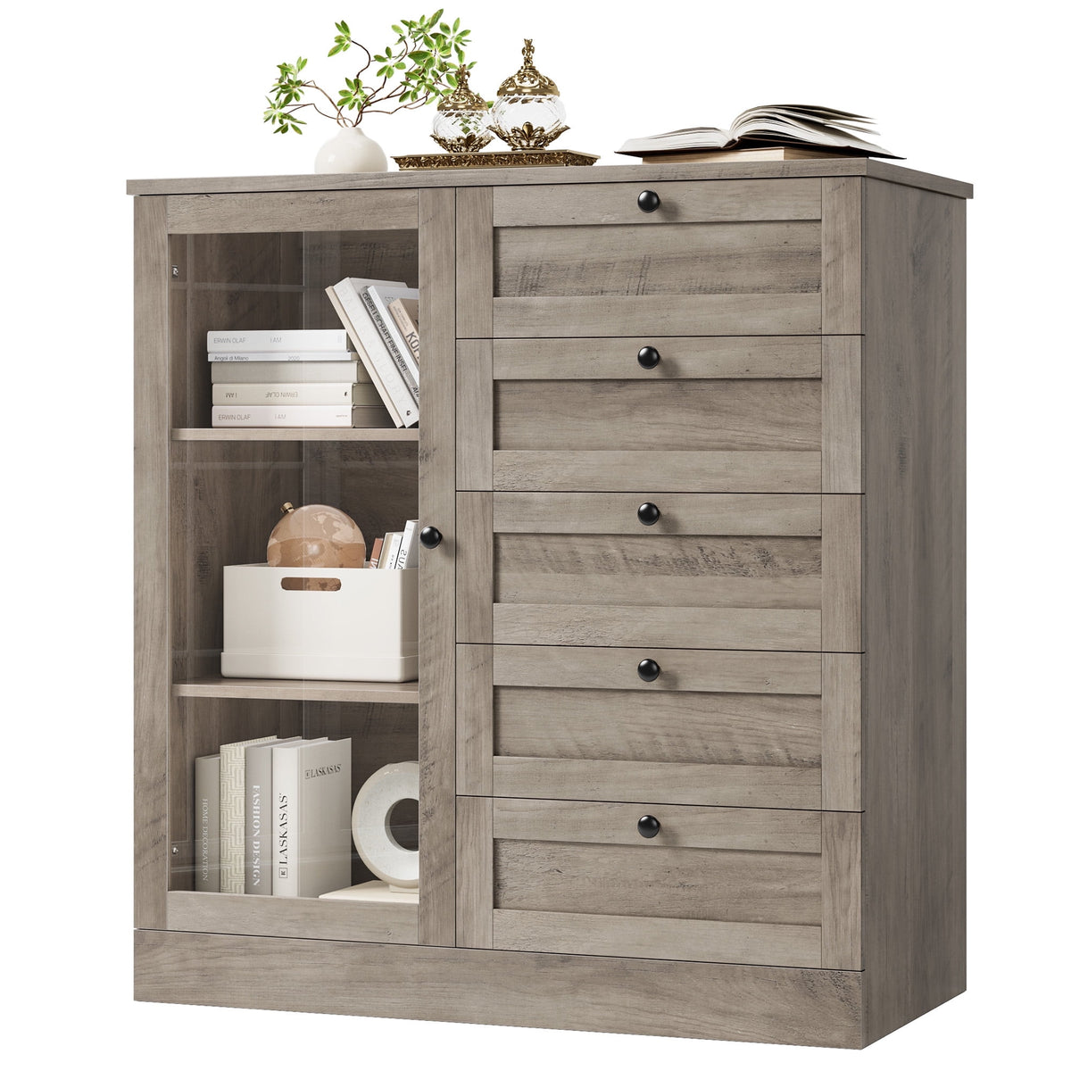 Homfa 5 Drawer Gray Dresser with Glass Door, Modern Wood Chest of Draw ...