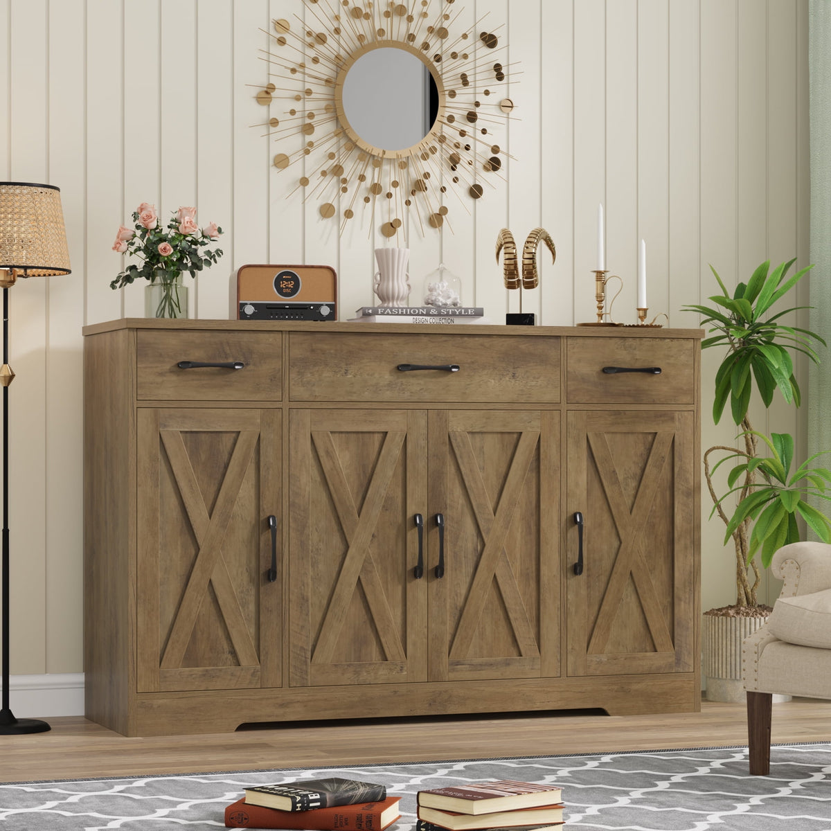 Homfa 55.1" Farmhouse Kitchen Sideboard, 4-Doors 3-Drawers Wood Buffet ...