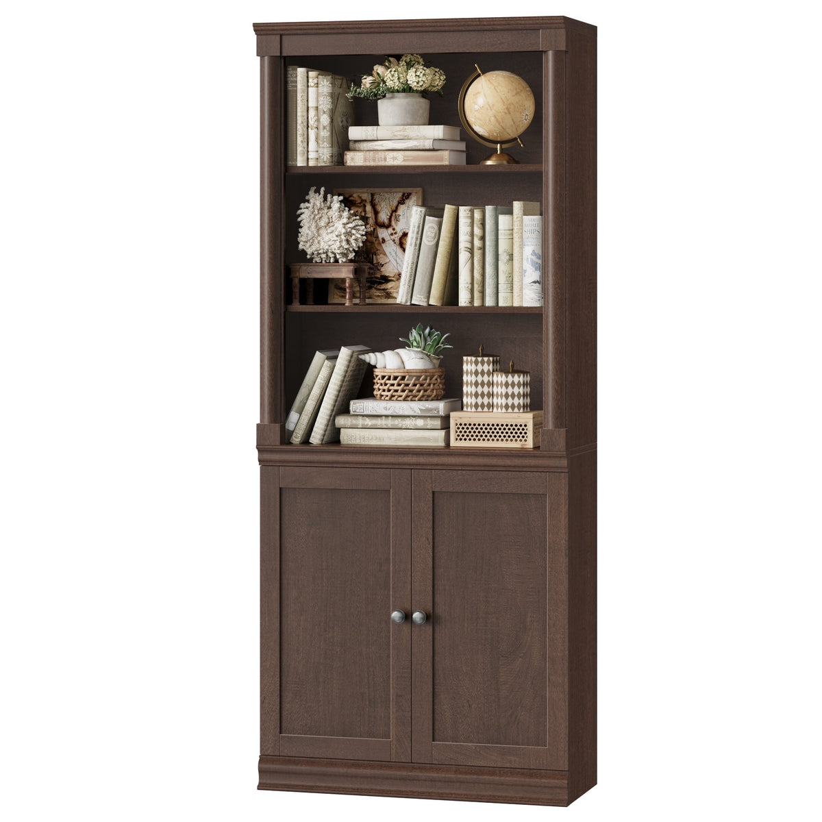 Homfa Bark Grain Bookcase with 2 Doors and Roman Pillars, 71.3 H File ...