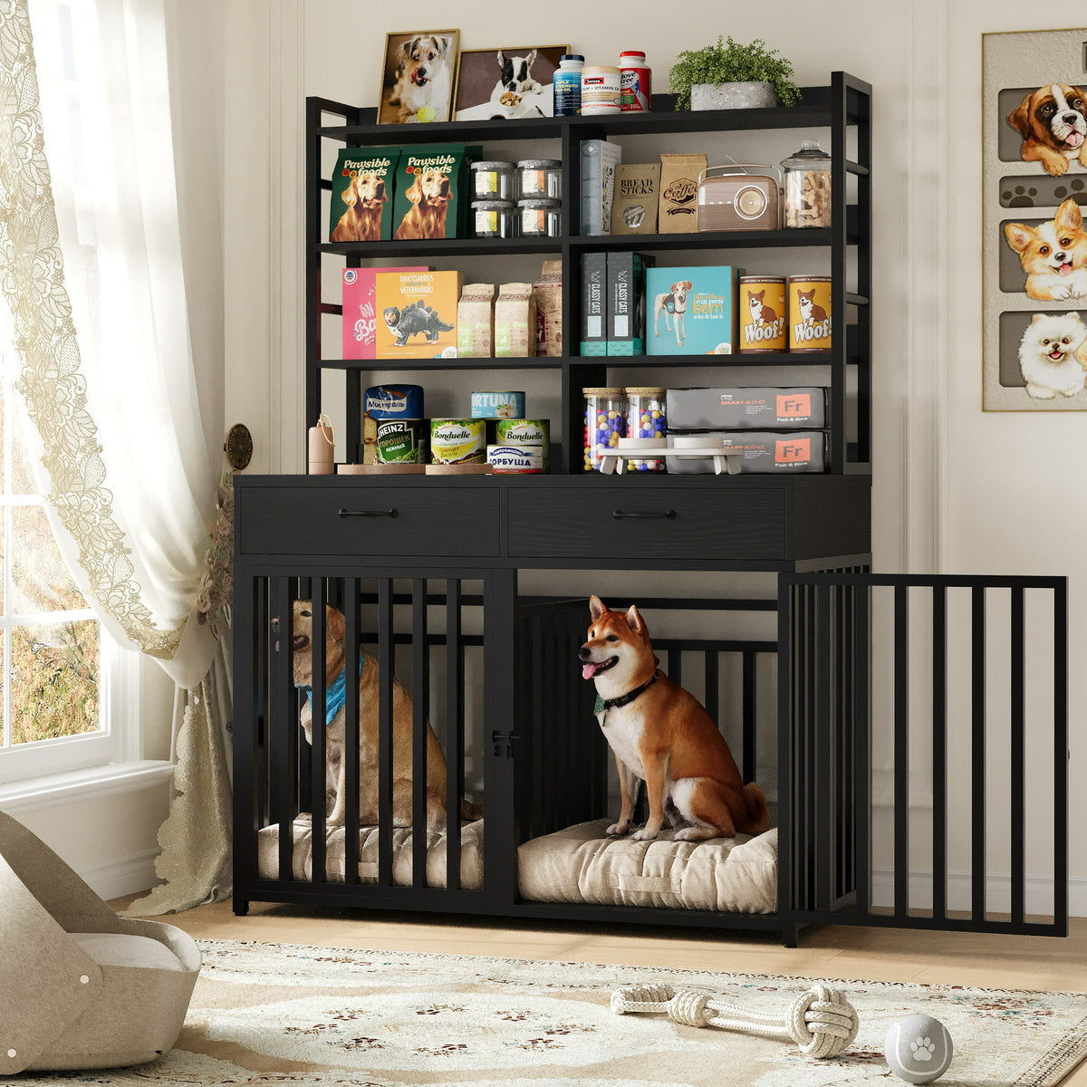 Homfa Dog Crate with 2-drawers and Storage Shelves, Indoor Furniture S ...