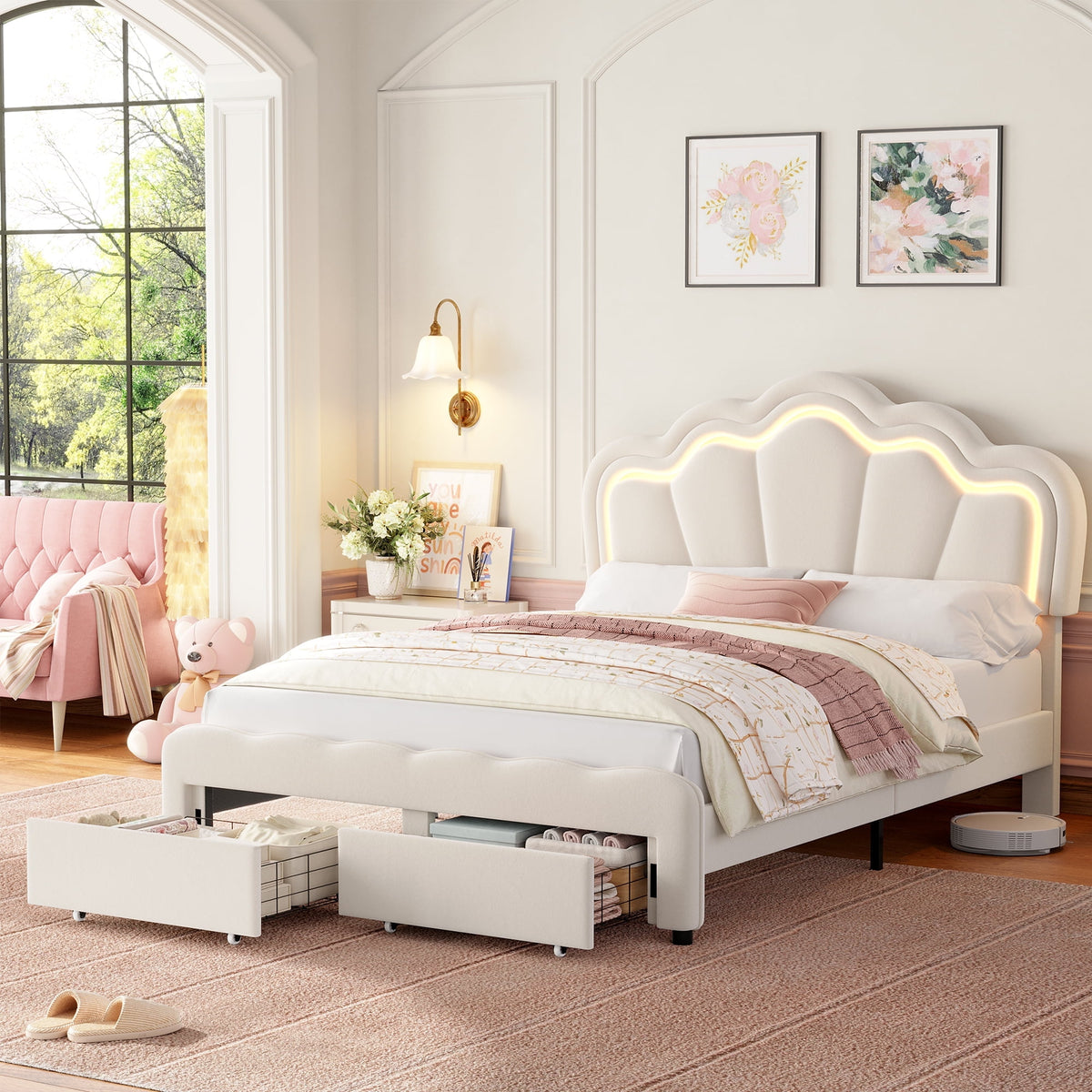 Homfa Full Size LED Bed Frame with Drawer, Velvet Upholstered Platform ...