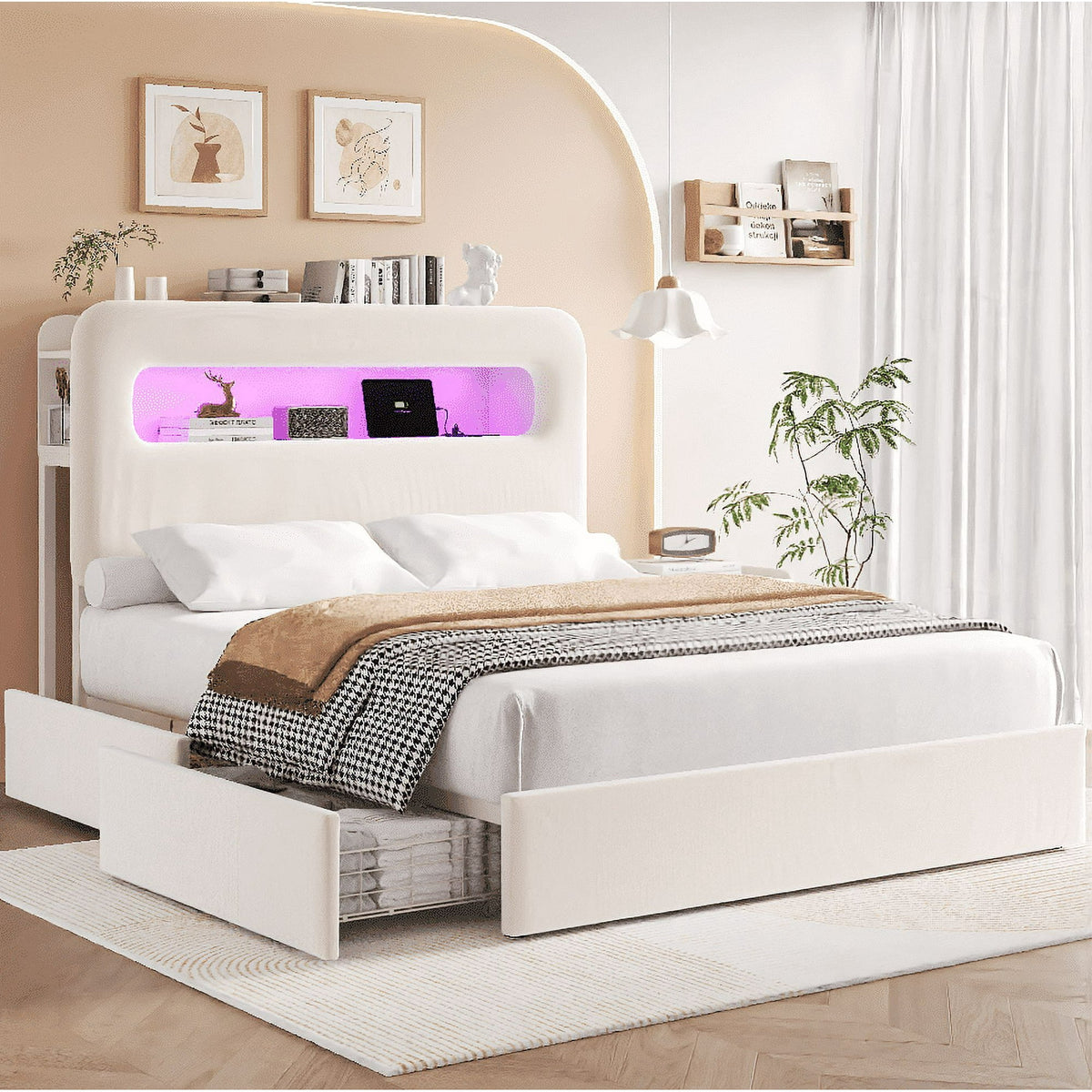 Homfa Queen Size LED Bed Frame with Storage Headboard, 4 Drawers Velve ...