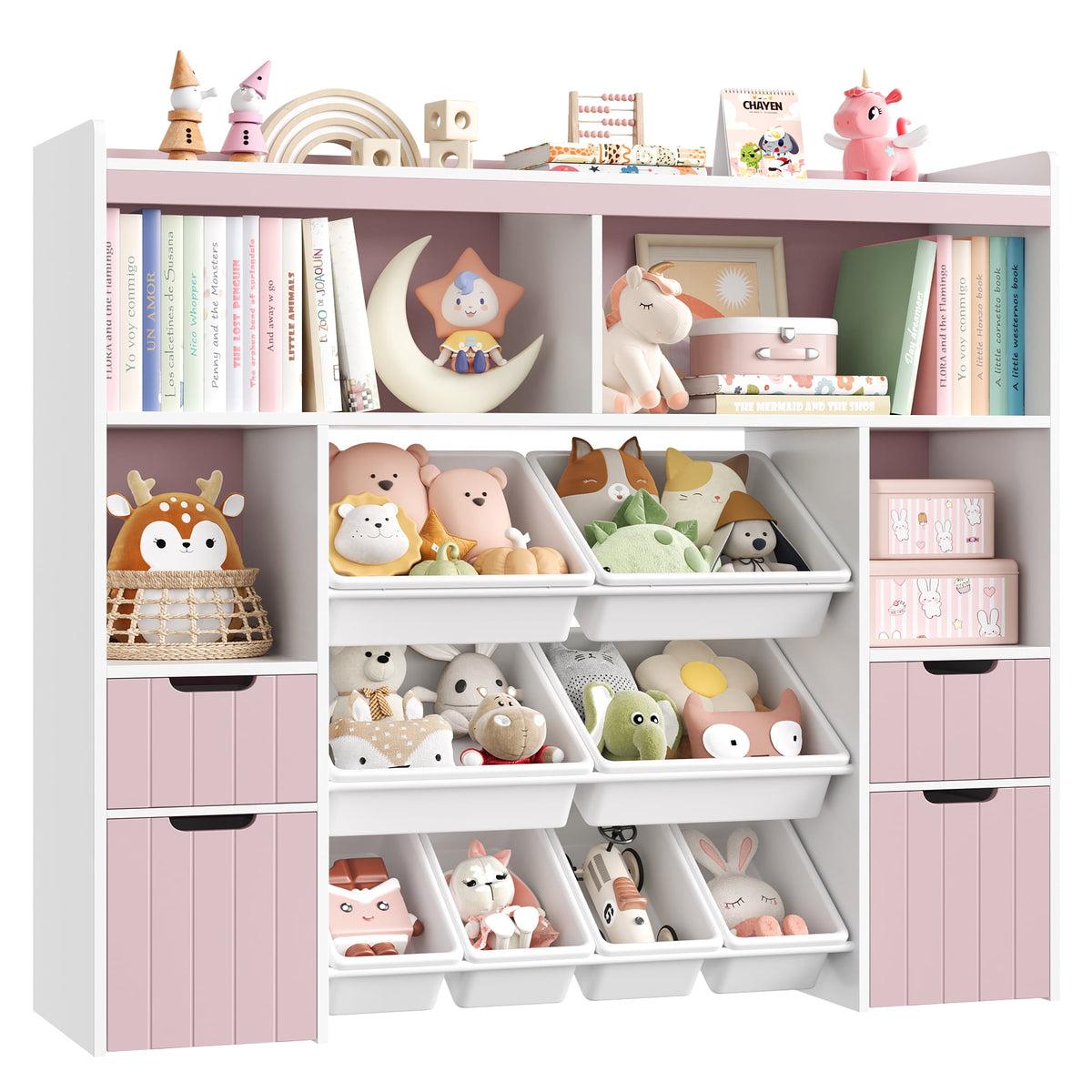 Homfa Kids Bookcase with 4 Wood Drawers, Kids Toy Storage Cabinet with ...