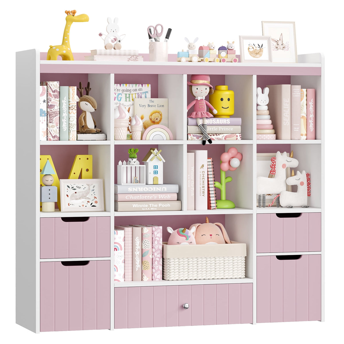 Homfa Kids Bookcase with 5 Wood Drawers, Kids Toy Storage Cabinet with ...