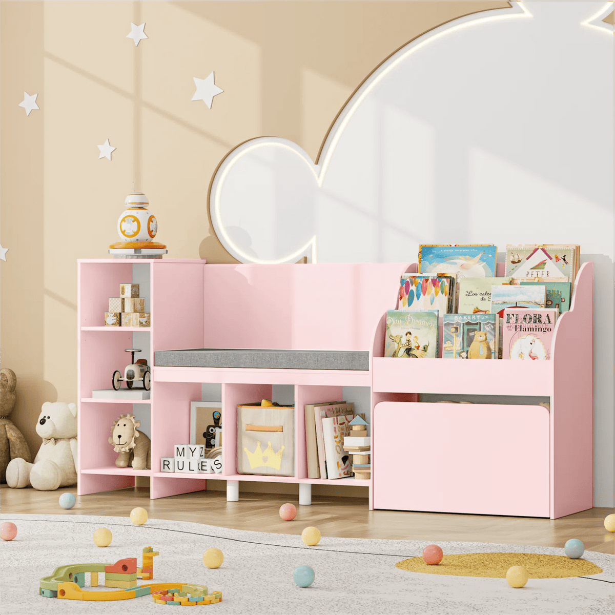Homfa Pink Kids Bookshelf with Reading Nook, 6 Shelf Bookcase with 1 W ...