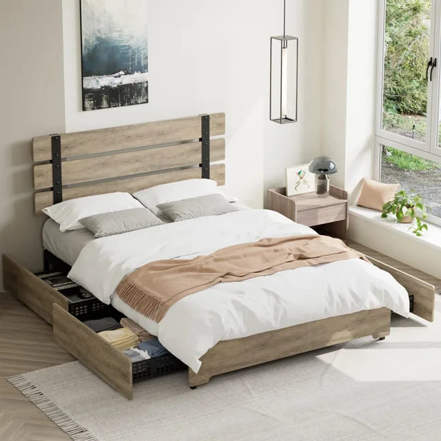 Homfa Full Size Bed Frame with 4 Storage Drawers, Industrial Wood and ...