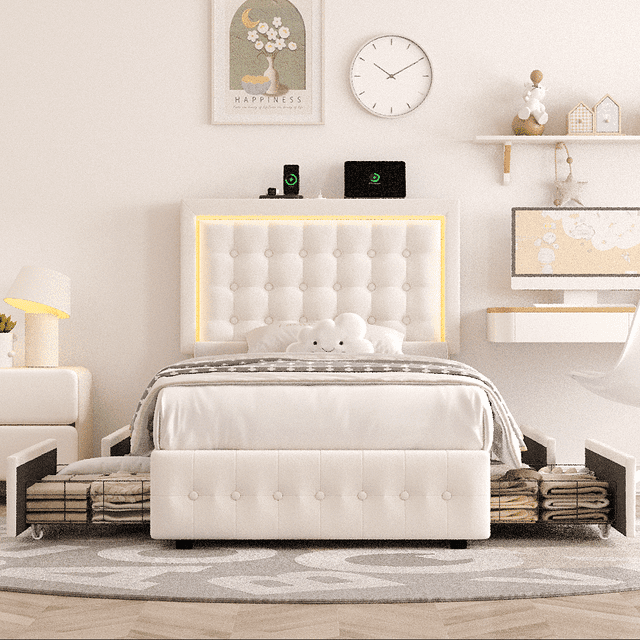 Homfa Twin Size LED Bed Frame with 4 Drawers, Velvet Platform Bed with ...