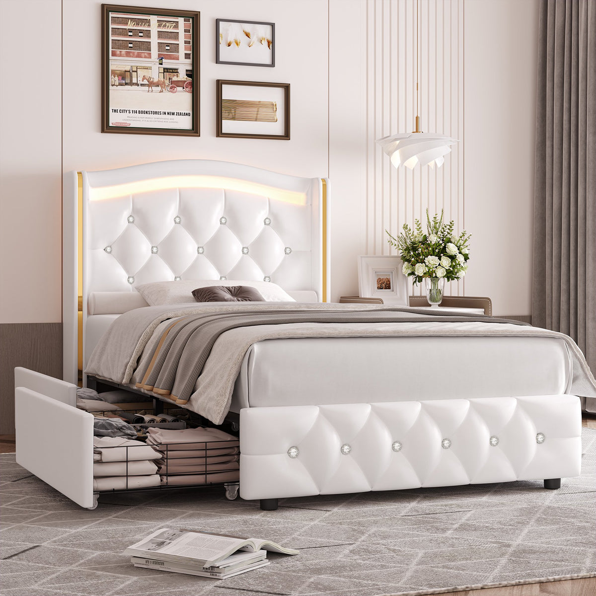 Homfa Twin Size LED Bed Frame with 4 Storage Drawers, PU Leather Uphol ...