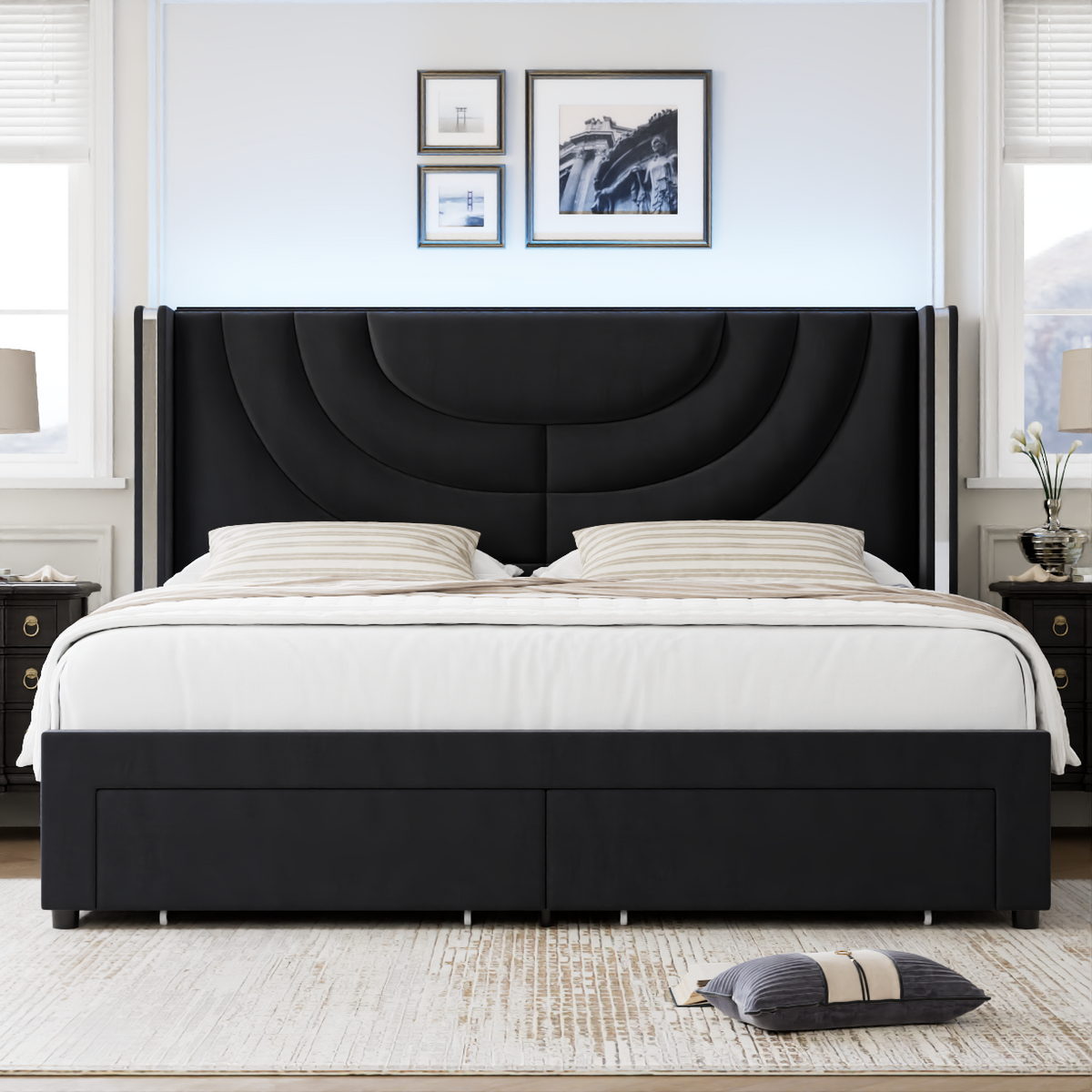 Homfa Full Size Platform Bed Frame With Led Headboard, Velvet Upholste ...