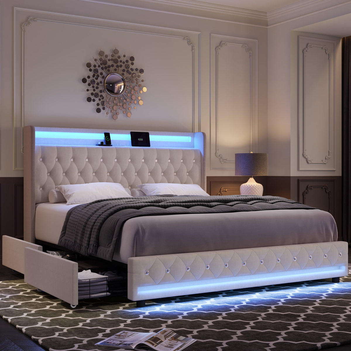 Homfa Queen LED Bed Frame with Outlets and USB Ports & Display Platfor ...