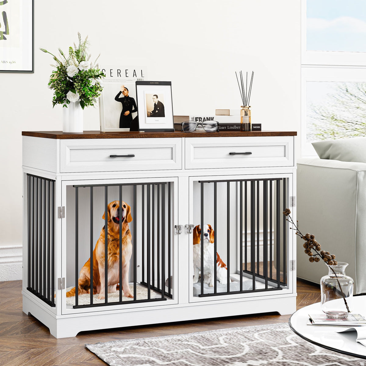 Homfa Dog Crate Furniture with 2 Drawers, 47.2 In Large Wooden Indoor ...
