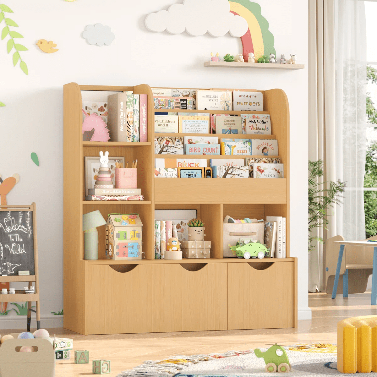 Homfa 47''W Kid's Bookcase, Bookshelf with 5 Storage Cubbies & 3 Movab ...