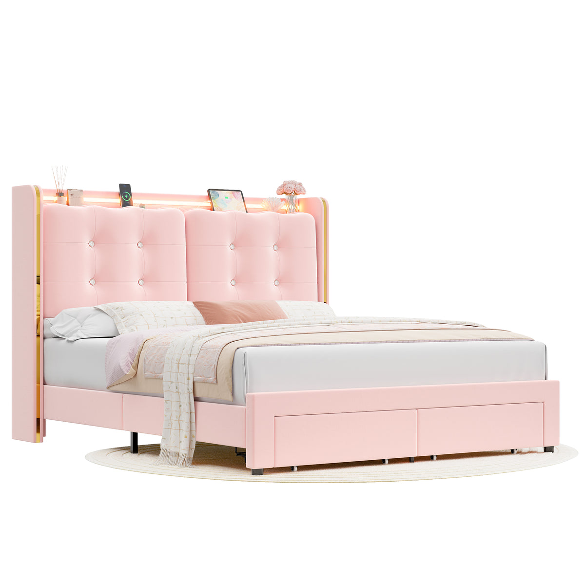 Homfa Full Size LED Bed Frame with Drawer, Velvet Crystal Button Uphol ...