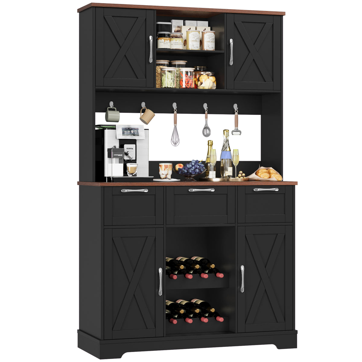 Homfa Farmhouse Kitchen Pantry with Microwave Stand & Wine Racks, Wood ...