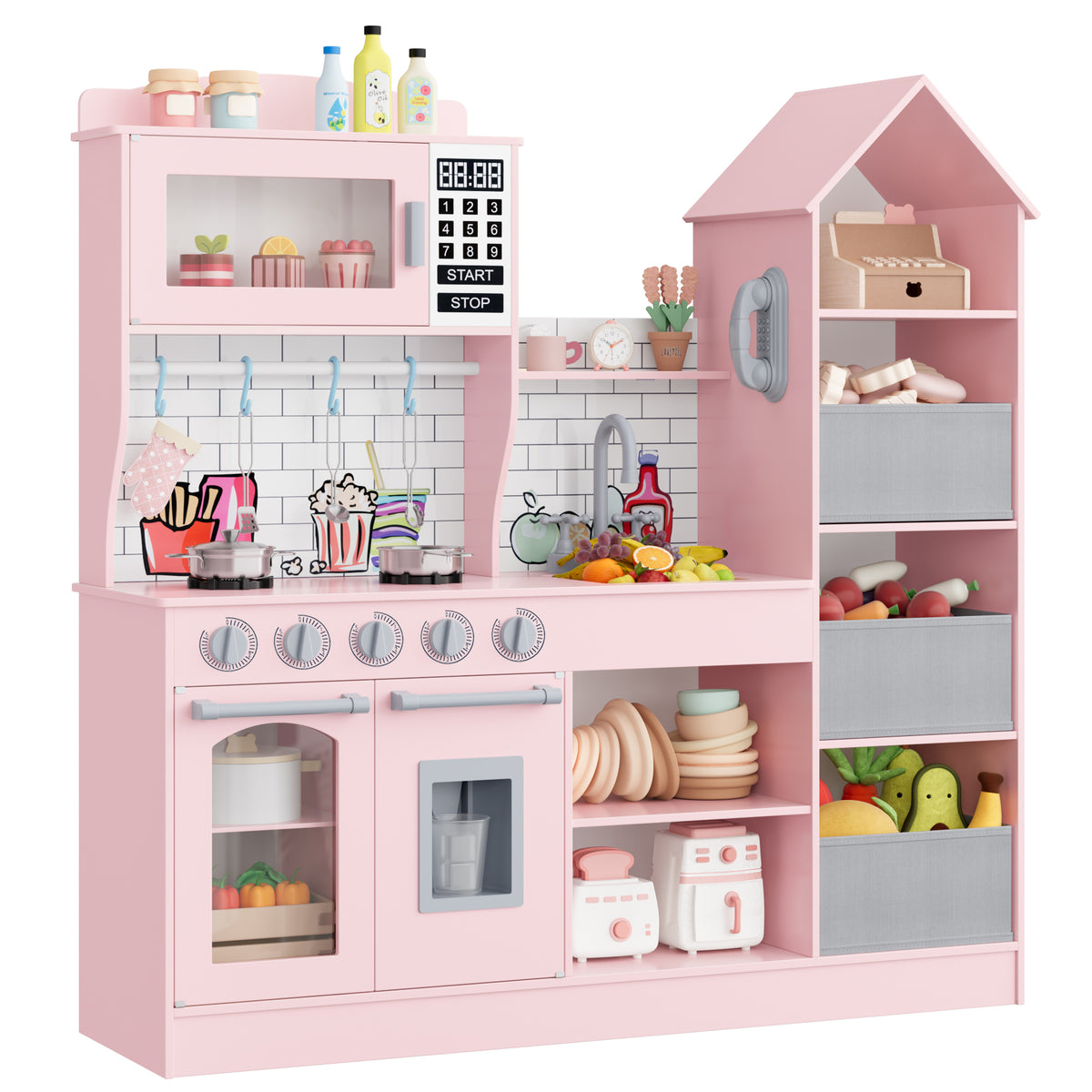 Homfa Wooden Pretend Play Kitchen with Drawers, Kids Toy Set w/Realist ...