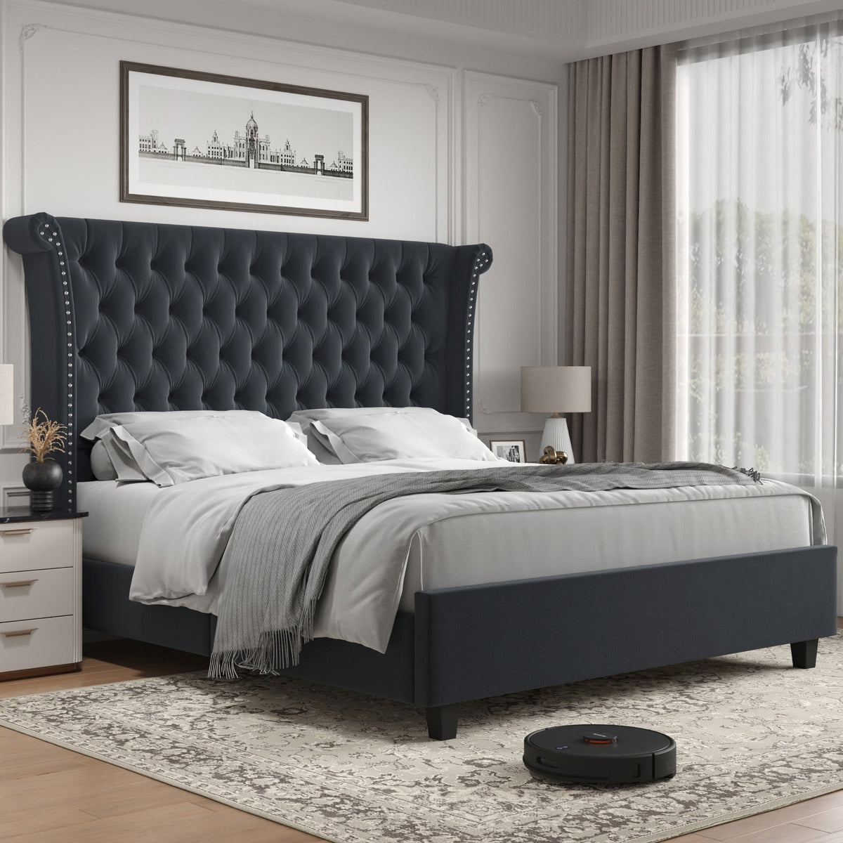 Homfa Full Size Bed Frame, Modern Velvet Tufted Upholstered Platform B ...