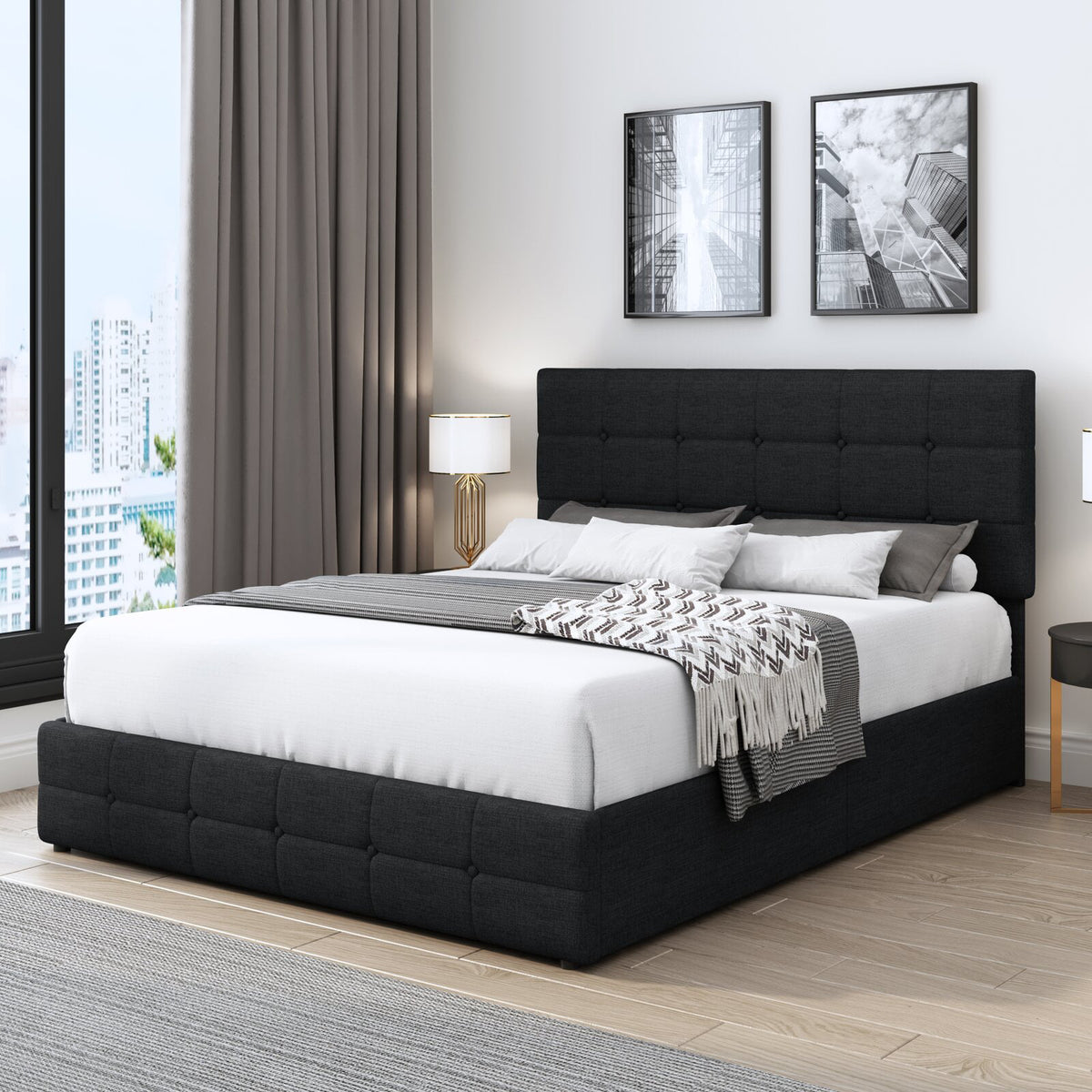 Homfa Tufted Storage Platform Bed Frame, Full Black Bed Frame with 4 D ...