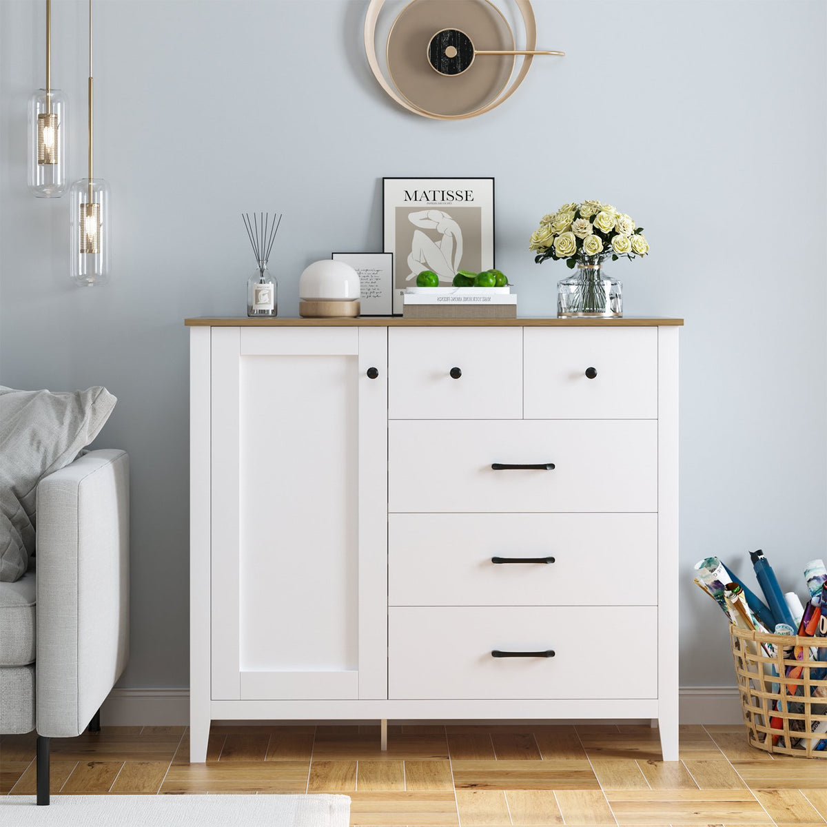 Homfa Storage Cabinet with Drawers and Door, 1-Door & 5 Drawers Sidebo ...