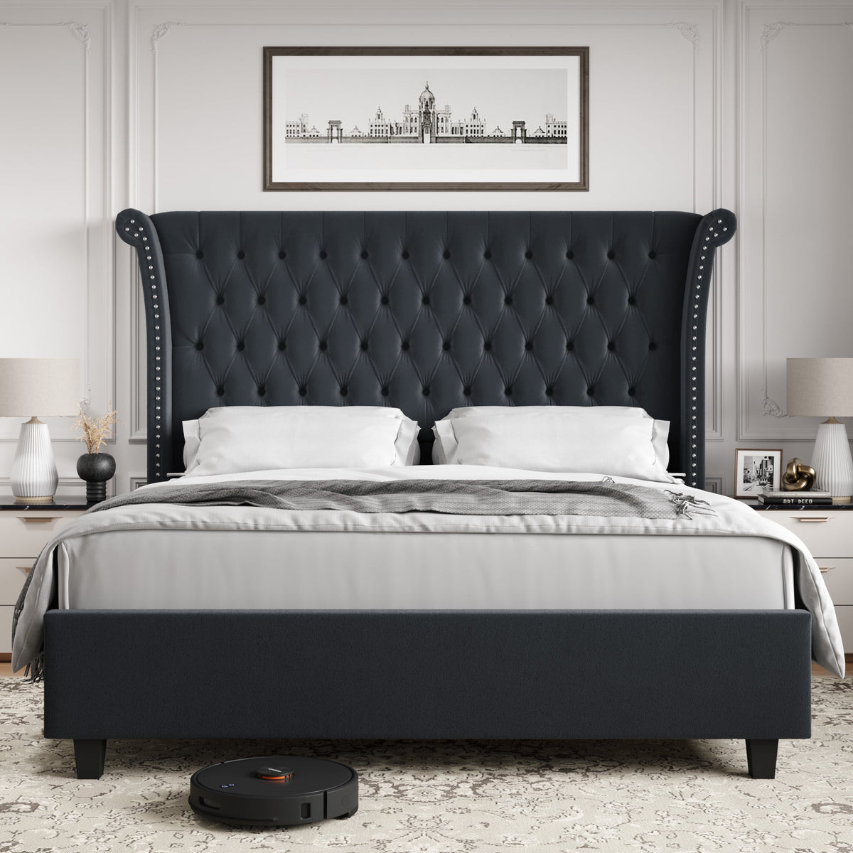 Homfa King Size Bed Frame, Modern Velvet Tufted Upholstered Platform B ...
