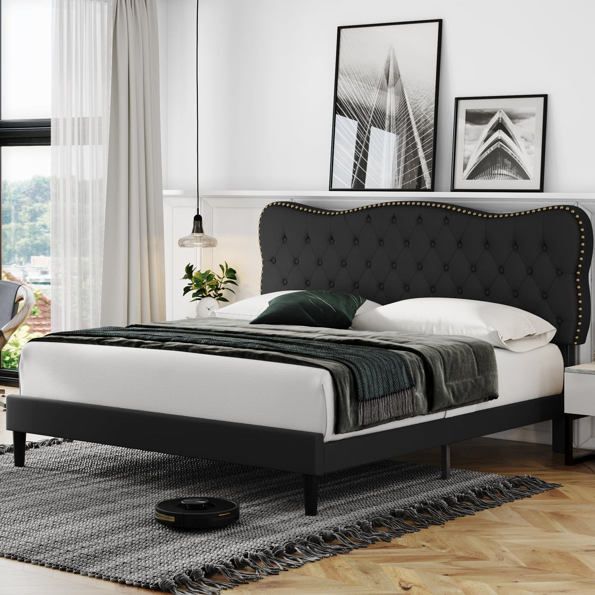 Homfa Black King Bed Frame, Linen Upholstered Platform Bed Frame with ...