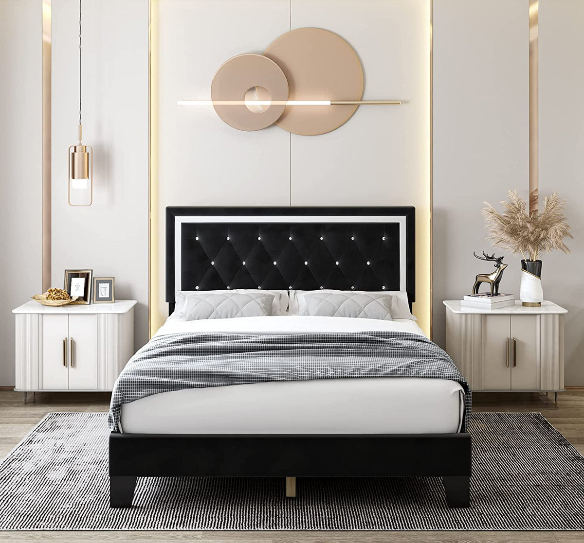 Homfa Queen Size Bed Frame with Adjustable Headboard, Diamond Tufted U ...