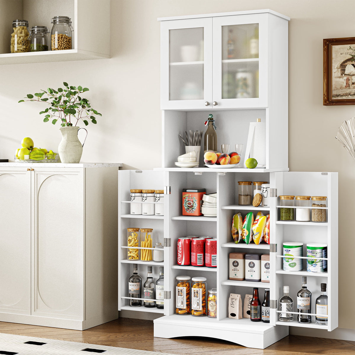 Homfa 63'' Food Pantry Cabinet, 4 Doors Kitchen Storage Cabinet with A ...