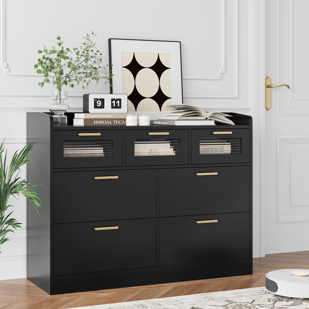 Homfa 7 Drawer Black Dresser for Bedroom, Chest of Drawers with Glass ...