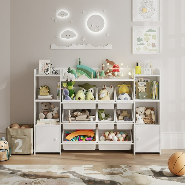 Homfa Kids Toy Organization Cubby Bookcase with 9 Bins, 2 Door White S ...