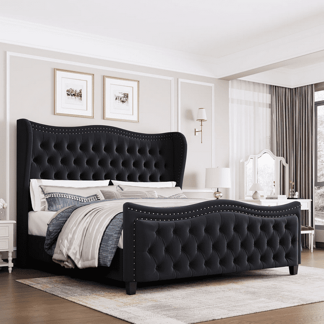Homfa King Size Bed Frame, Modern Velvet Tufted Upholstered Platform B ...