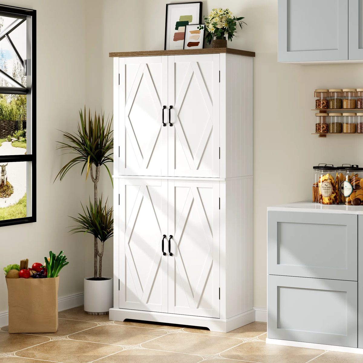 Homfa Kitchen Pantry with 4 Doors, Farmhouse Freestanding Storage Cabi ...