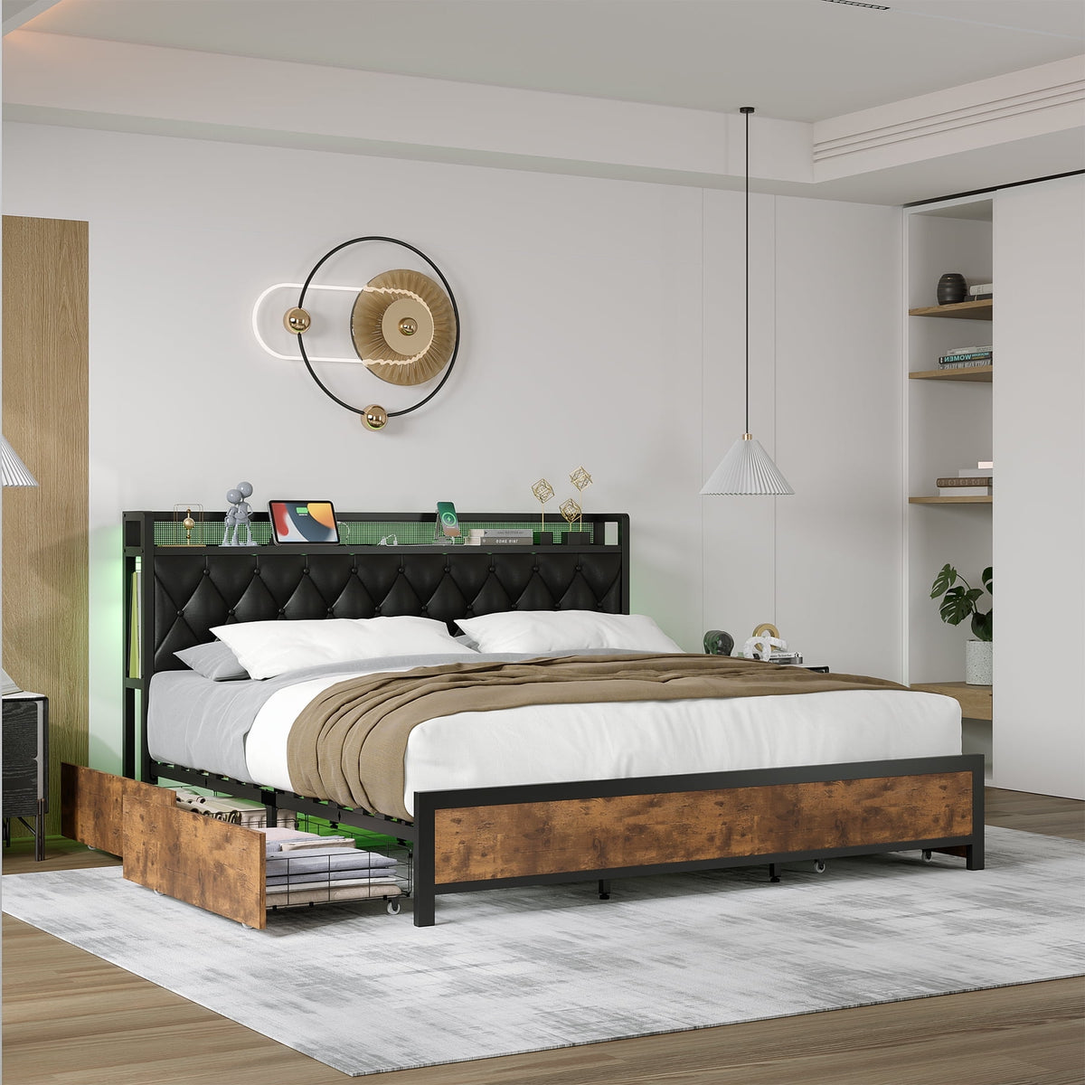 Homfa Queen Size LED Bed Frame with 4 Storage Drawers, Modern Leather ...