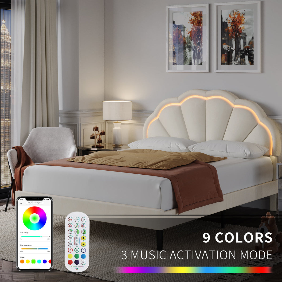 Homfa LED Bed Frame, Velvet Upholstered Platform Bed Frame with Adjust ...