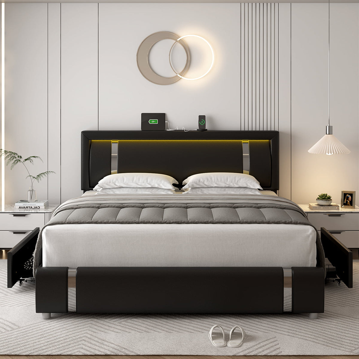 Homfa Full Size LED Bed Frame with 2 Storage Drawers, Modern Leather U ...