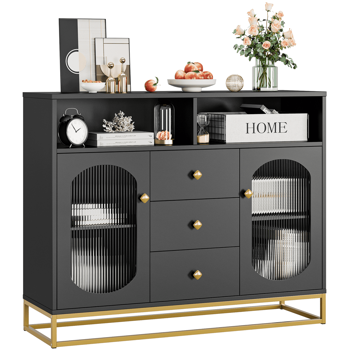 Homfa Sideboard Storage Cabinet with 3 Drawers & 2 Glass Doors, 47.2 ...