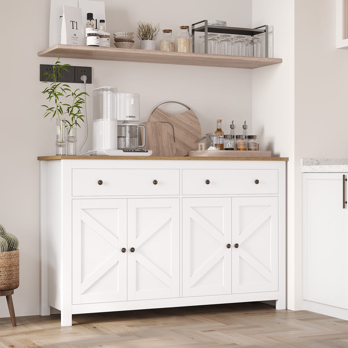 Homfa Farmhouse Kitchen Sideboard, 4-Doors 2-Drawers Wood Buffet Cabin ...